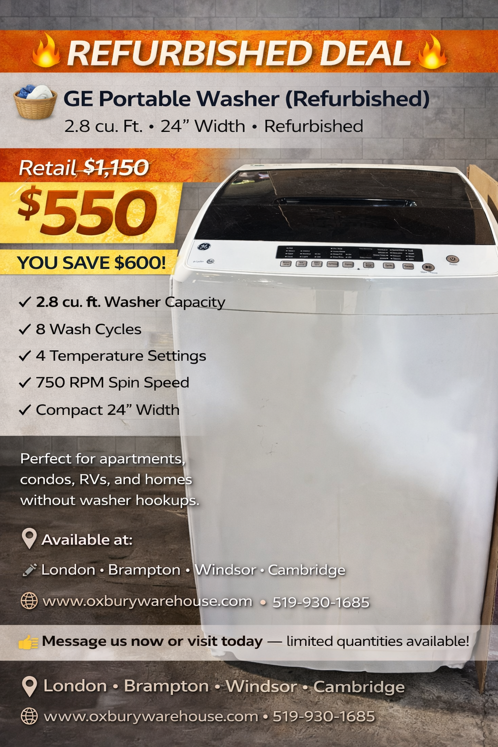 GE GNW128PSMWW Portable Washer, 24" Width, 2.8 cu. ft. Capacity, 8 Was ...